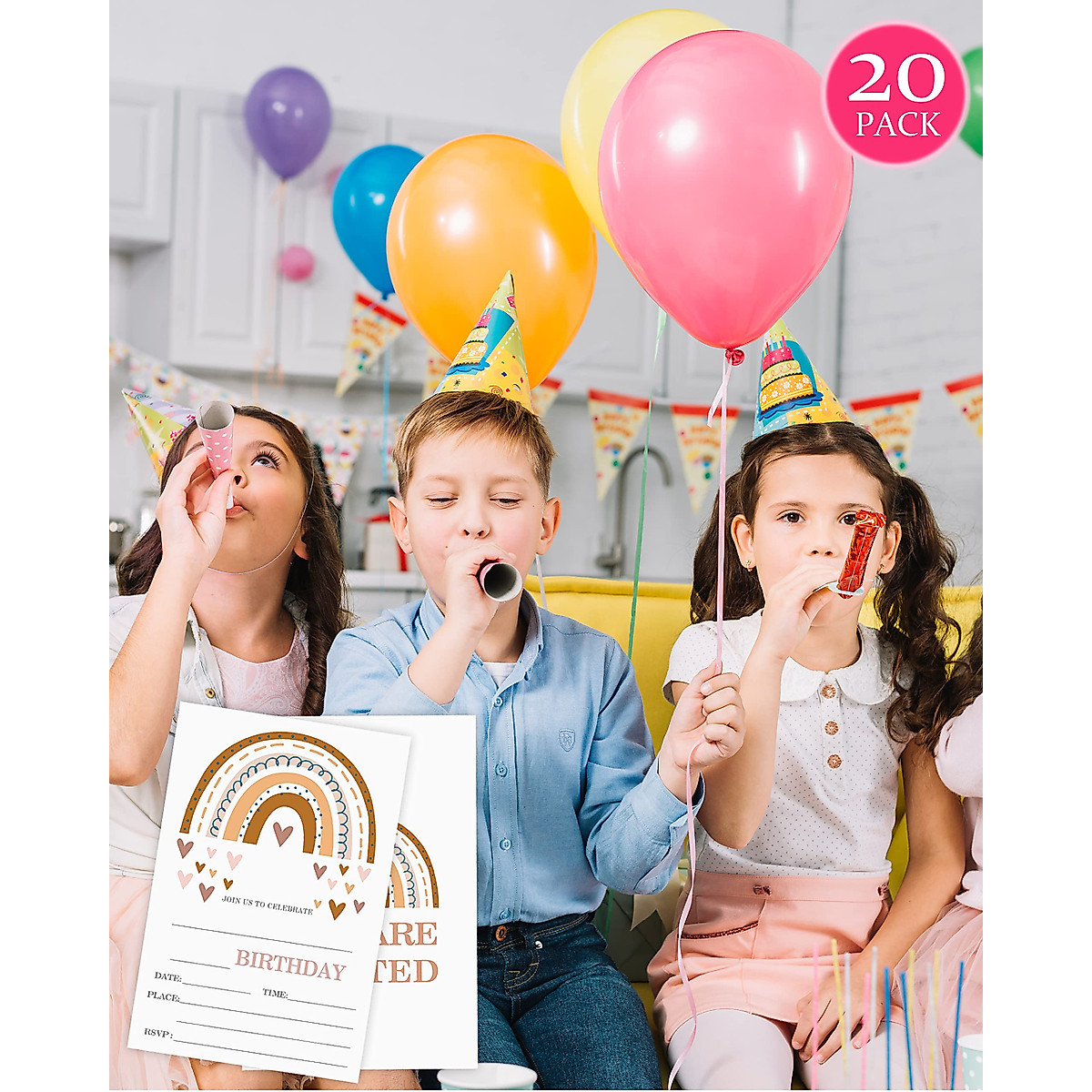 JJOINUS Birthday Party Invitations for Girls Kids, Boho Brown Rainbow Invites With Envelopes, 20 Pieces of Fill-in Blank Invitation Card Kit