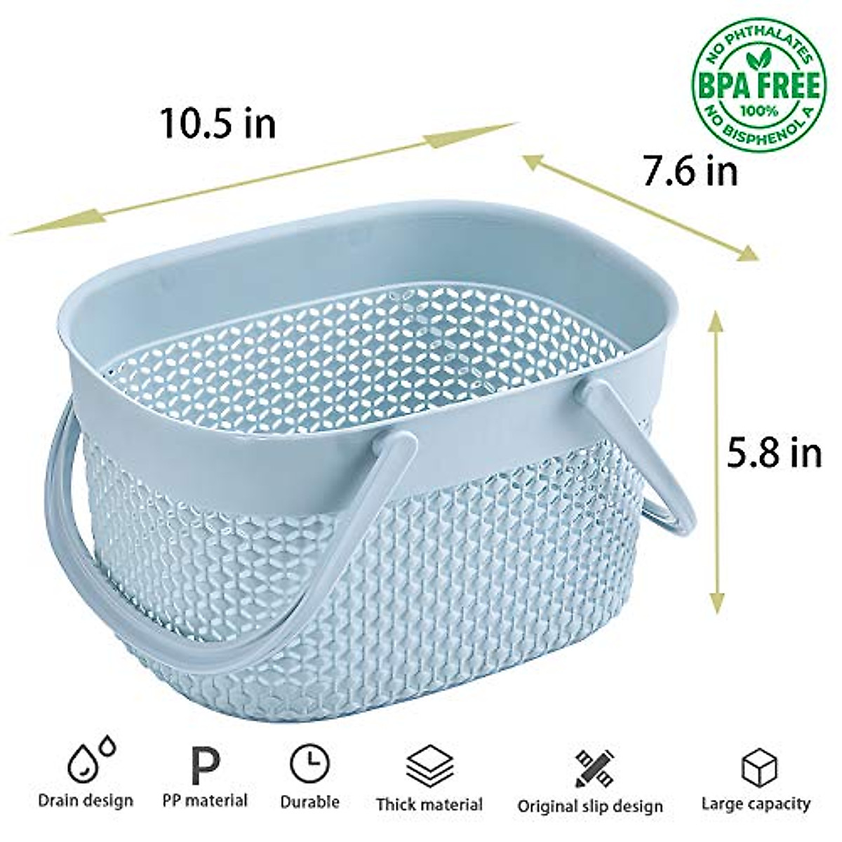 rejomiik Portable Shower Caddy Basket, Plastic Organizer Storage Tote with Handles Toiletry Bag Bin Box for Bathroom, College Dorm Room Essentials, Kitchen, Camp, Gym, Blue