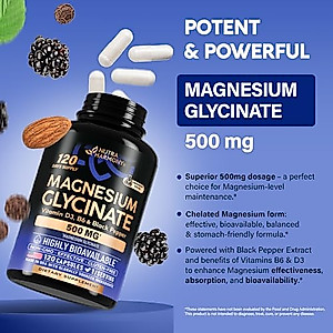 Magnesium Glycinate 500 mg - Chelated Supplement - 98% High Absorption - Support for Sleep, Muscle & Heart Health - Made in USA, Lab Tested & Non-GMO - 120 Capsules