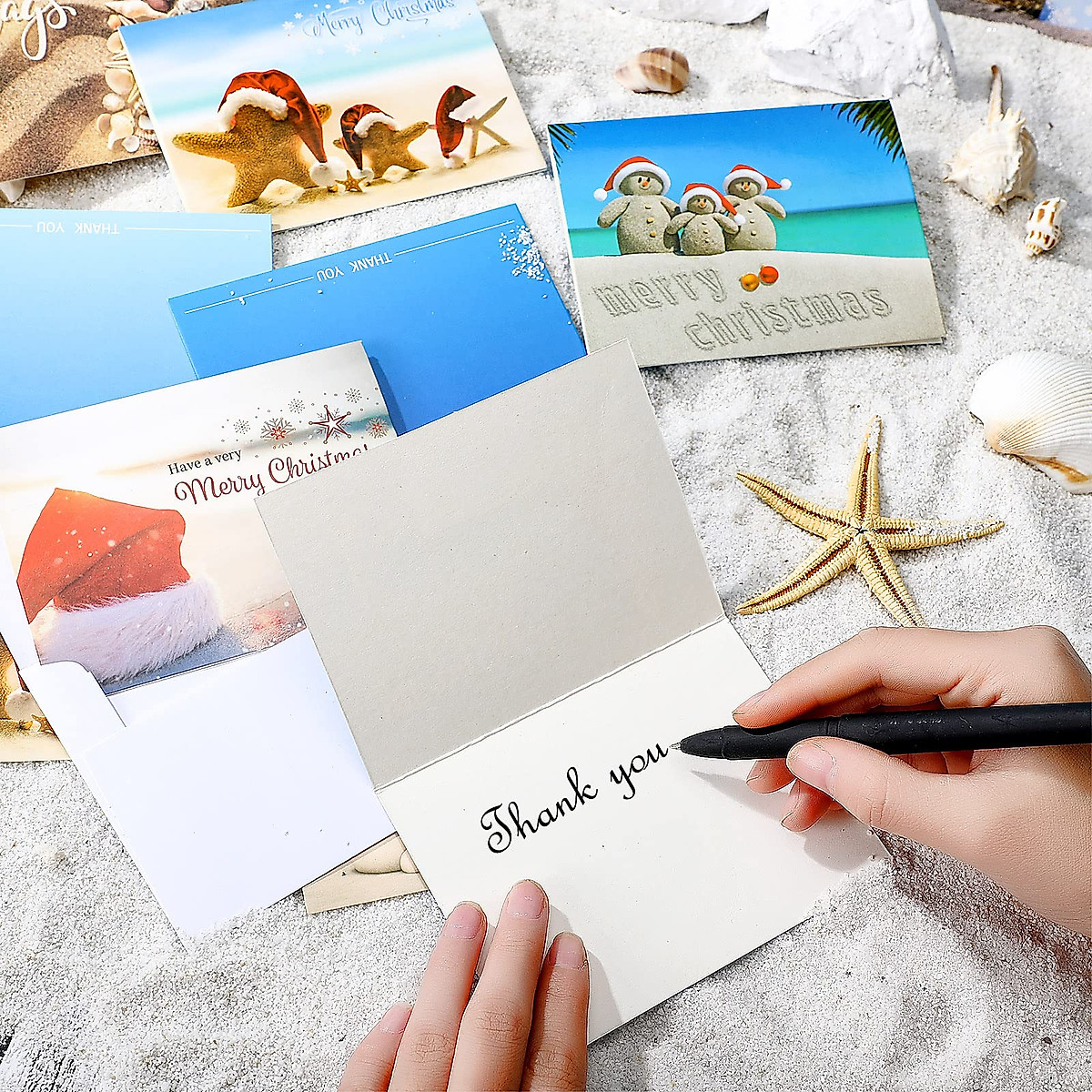 Spiareal 24 Sets Merry Christmas Greeting Cards Christmas Cards with Envelopes and Stickers Tropical Beach Blank Christmas Cards Xmas Thank You Cards for Christmas Holiday Present