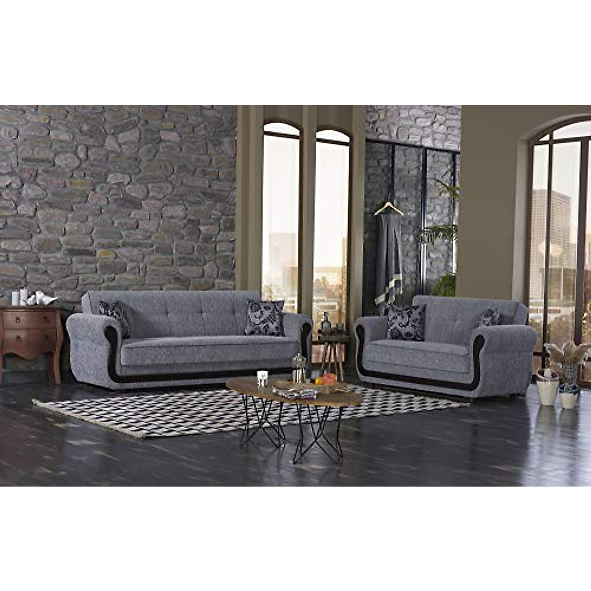 BEYAN Surf Avenue Collection Upholstered Convertible Storage Love Seat with Easy Access Storage Space, Includes 2 Pillows, Gray