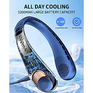 Neck Fan, Personal Fan with LED Indicator, USB-C Charging, Long-Lasting 5200mAh Battery, Hands Free Bladeless Fan with 3 Adjustable Speeds & Ultra-Quiet, Ideal for Home, Travel & Outdoor