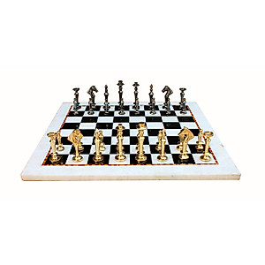 StonKraft Collectible White & Black Marble Chess Board Set + Brass Chess Pieces Pawns - Decorative Stone Chess - Home Décor - 15" Inches