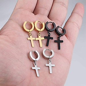 Stainless Steel Cross Earrings Set for Men Women Dangle Hinged Men Women Earrings Silver Gold Black (1 Pari Black)