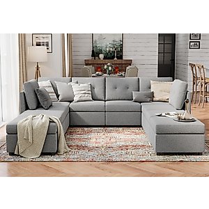 LINSY HOME Oversized Modular Sectional Couch, Rubik III 6 Seats with 4 Ottomans Convertible U Shaped Sectional Sleeper Sofa with Storage, All Covers Changeable Washable, Grey