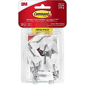 3M Command 17067Mpes General Purpose Hooks, Small, 0.5Lb Cap, White, 28 Hooks & 32 Strips/Pack