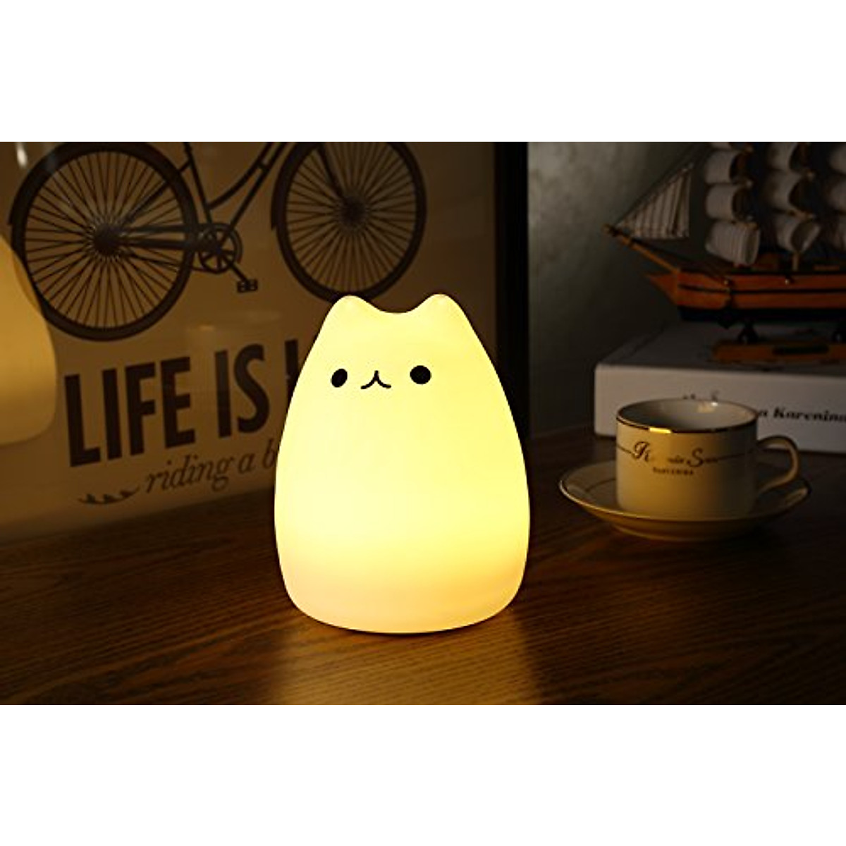 WoneNice Portable Cute Kitty Silicone Night Lamp,USB Rechargeable Children Night Light with Warm White & 7-Color Breathing Modes, Touch Sensor Control, Gift for Women Teen Girls Kids Toddler Baby