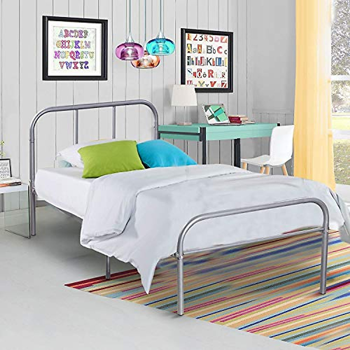 Voilamart Twin Bed with Storage,Twin Metal Bed Frame with Headboard and Footboard, Silver Grey Metal Platform Bed Frame No Box Spring Needed,Twin Bed Frames for Kids