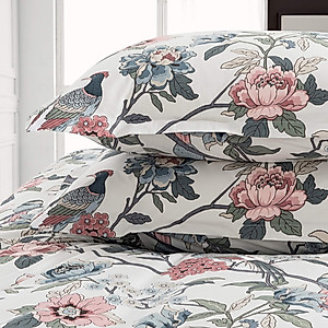 Eikei Cottage Bloom Garden Duvet Cover Set French Country Provincial Chic Floral Birds Bedding Peony Blossom Tree Branches (Muted, King)