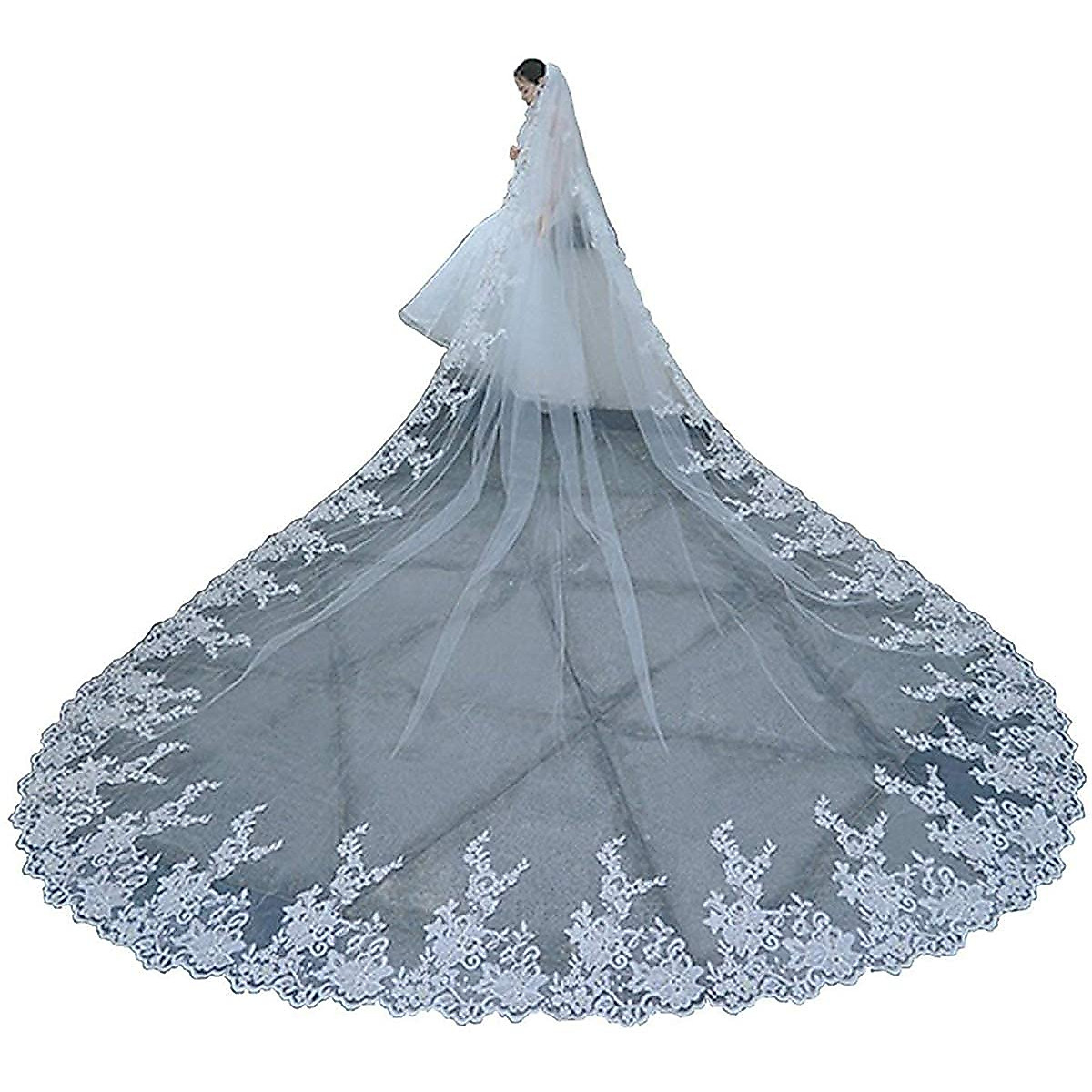 FAIOKAVER Wedding Veils Long Cathedral Full Floral Lace Egde 1 Tier with Comb…