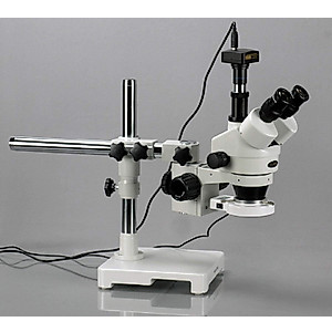 AmScope SM-3TZ-54S-5M Digital Professional Trinocular Stereo Zoom Microscope, WH10x Eyepieces, 3.5X-90X Magnification, 0.7X-4.5X Zoom Objective, 54-Bulb LED Light, Single-Arm Boom Stand, 110V-240V, Includes 0.5X and 2.0X Barlow Lenses and 5MP Camera with