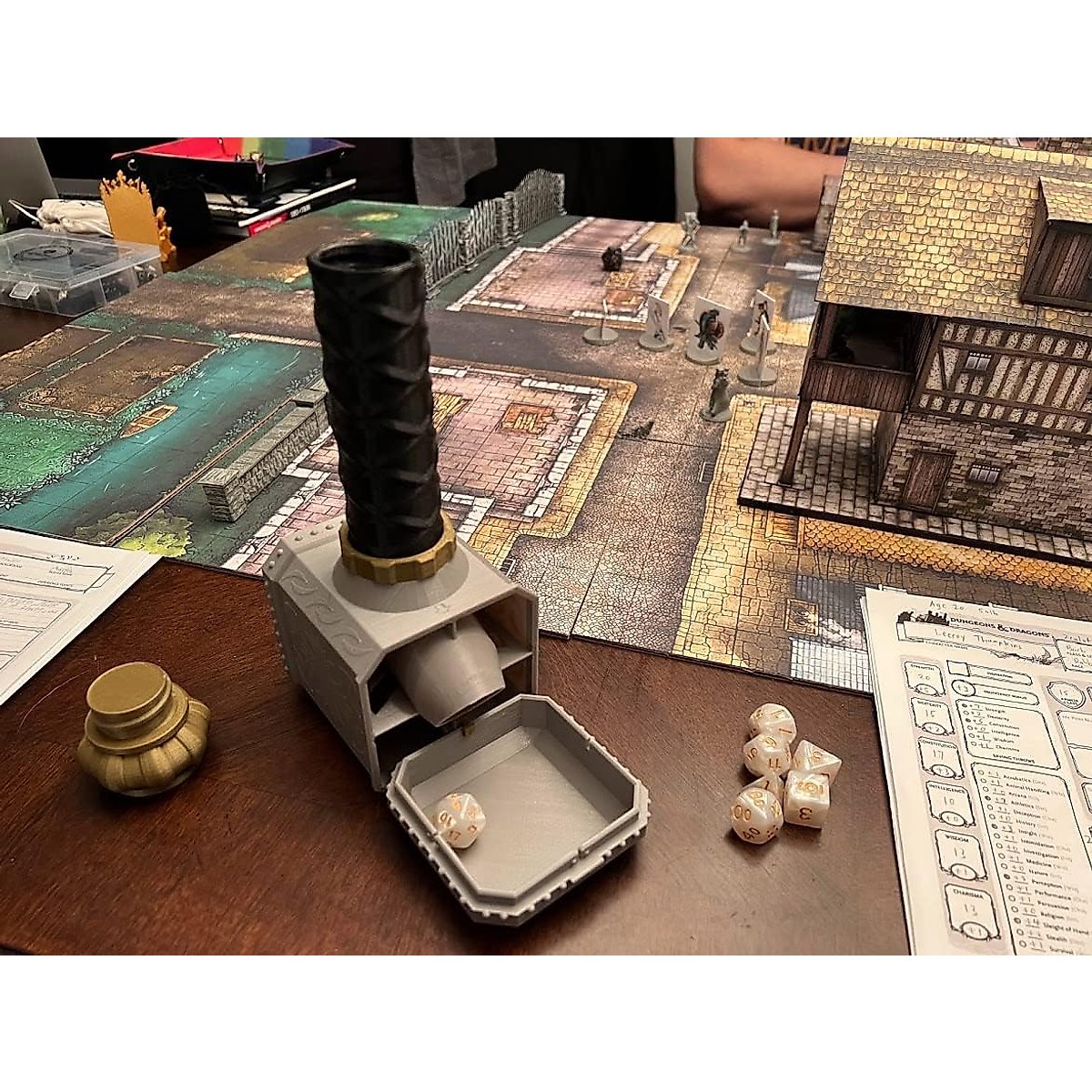 MunnyGrubbers - Hammer Dice Tower - (Random 7PCS D20 Dice Set Included) - Dice Holder - Dice Roller - Tabletop RPG Accessory - Dungeons and Dragons - DND - D&D - (Silver)