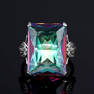 SZJINAO Vintage Silver 925 Rings for Women Mystic Fire Rainbow Topaz Huge Square Stone Ring Wife Lady Mom Birthday Gift Silver Jewelry