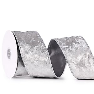 MAYREEL 2.5 Inch Silver Crushed Velvet Ribbon Wired for Christmas Decorations Gift Wrapping Wreaths Tree Toppers 10 Yards