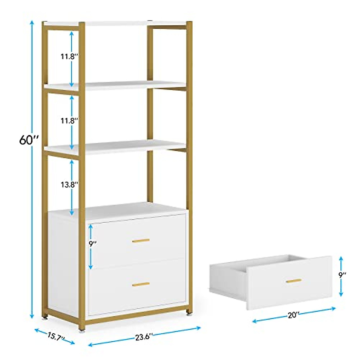 Tribesigns Bookcase, 4-Tier Bookshelf with 2 Drawers, Etagere Standard Book Shelves Display Shelf for Home Office (Gold/White)