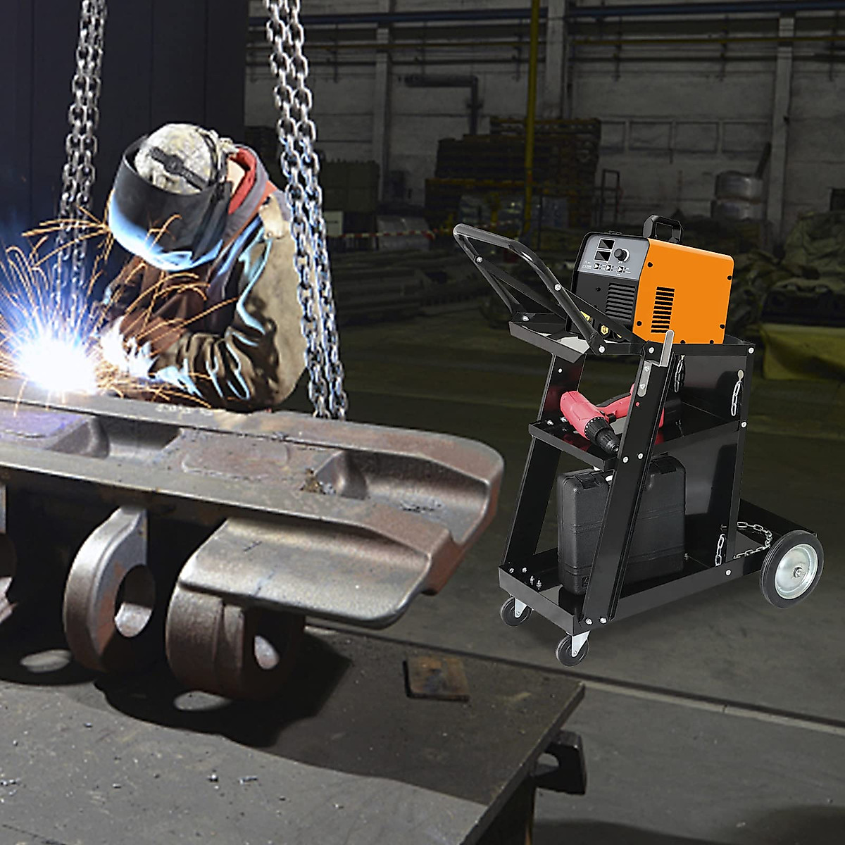 Henf 3 Tiers Rolling Welding Cart MIG TIG ARC Plasma Cutter Machine Heavy Duty Welding Welder Cart with Tank Storage & 2 Cable Hooks & Safety Chain,180 Lb Capacity