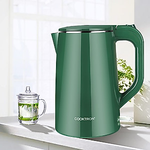 COOKTRON 1.7L Electric Kettle Quiet, Double Wall Hot Water Boiler BPA-Free, Quiet Boil and Cool Touch Tea Kettle, Cordless with Auto Shut-Off & Boil Dry Protection, 1500W Fast Boiling, dark green