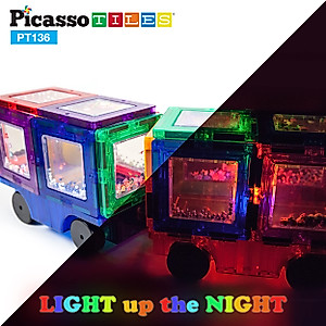 PicassoTiles 136 Piece S.T.E.A.M. Building Block Set with 66 Magnetized Clip-in Insert Cards Toy Construction Kit PT136 Magnet Building Tiles Clear Color Magnetic 3D Educational Blocks Click-in Card