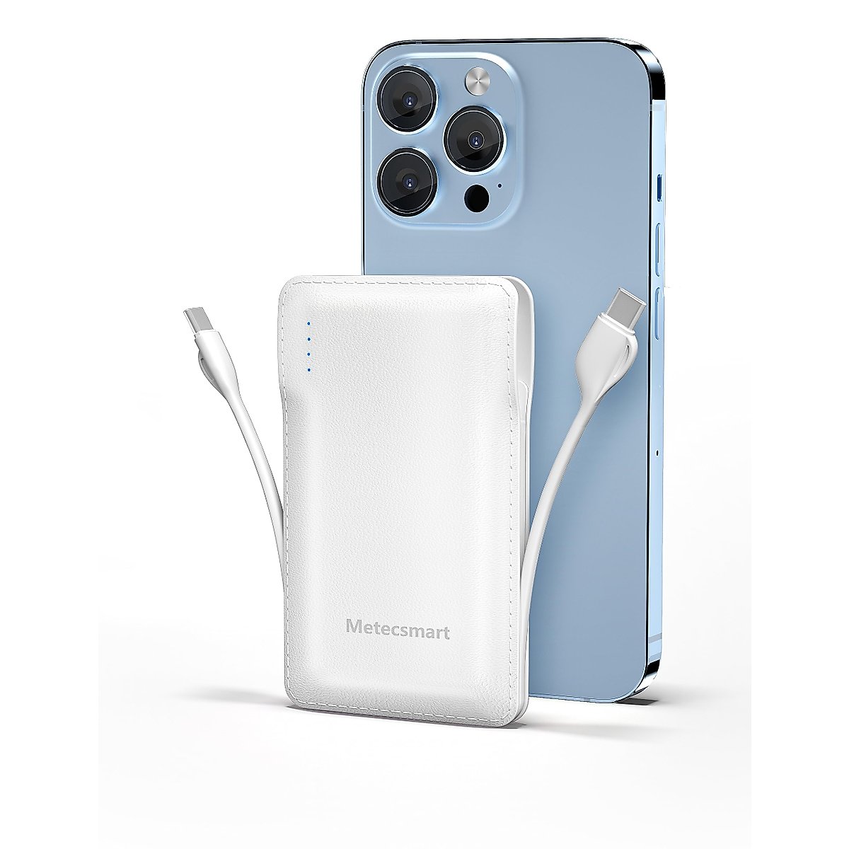 Metecsmart 10000mAh Portable Phone Charger with Built-in 2 Cables, Small Slim Mini Power Bank Fast Charging, USB-C In/Output External Battery Pack, Travel Essentials Compatible with Android/IOS Phones