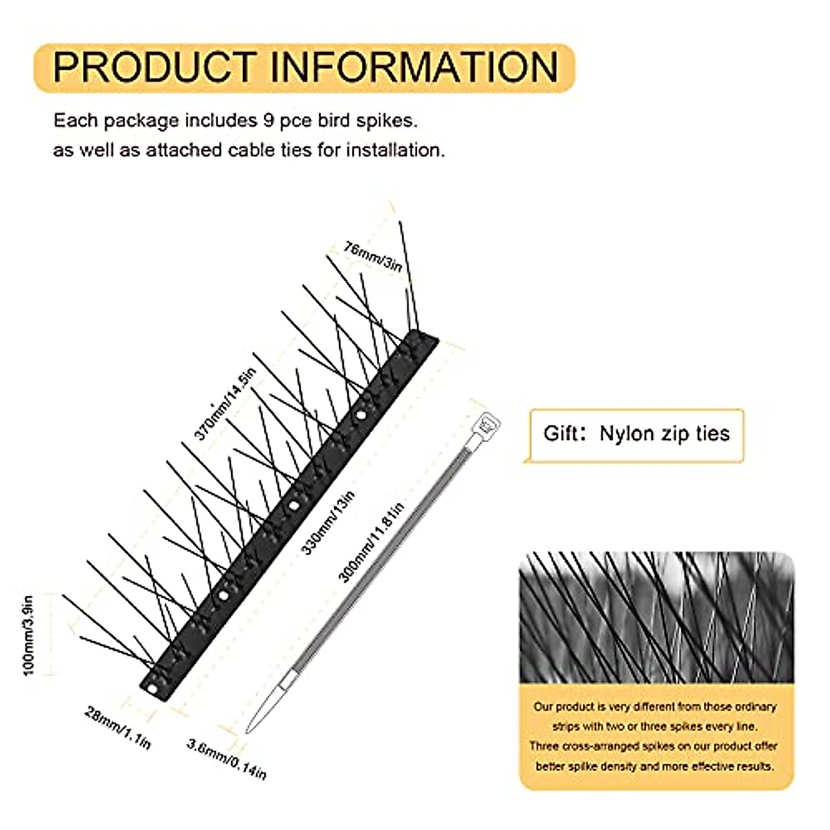 OFFO Black Bird Spikes Pre-Assembled for Pigeons Birds, Durable Bird Deterrent Spikes with Stainless Steel, Bird Repellent Spikes for Fence Roof Mailbox Window Matte Black Cover 10 Feet