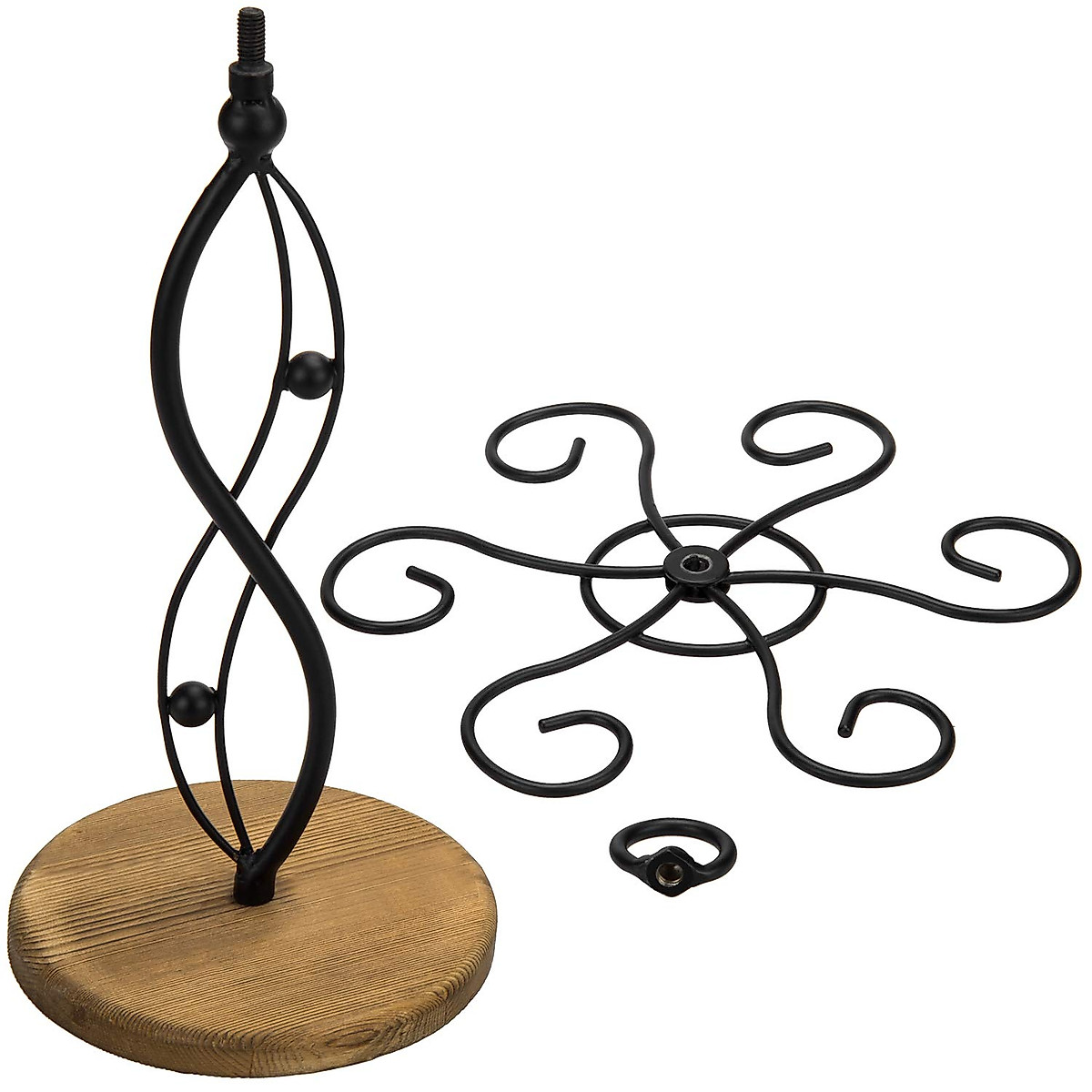 MyGift Black Metal Countertop Wine Glass Holder with 6 Hooks, Tabletop Stemware Display Rack with Burnt Wood Base - Holds 6 Wine Glasses