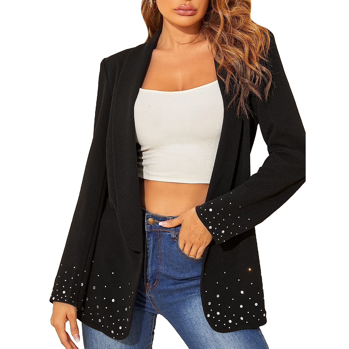 WDIRARA Women's Elegant Long Sleeve Blazer Open Front Rhinestone Suit Jackets Black 5XL