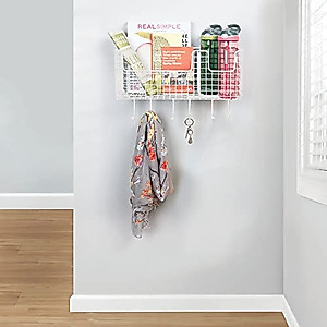 mDesign Metal Wire Farmhouse Wall Decor Storage Organizer Divided Basket with 6 Hooks for Entryway, Hallway, Mudroom, Bedroom, Bathroom, Laundry Room - Wall Mount - White