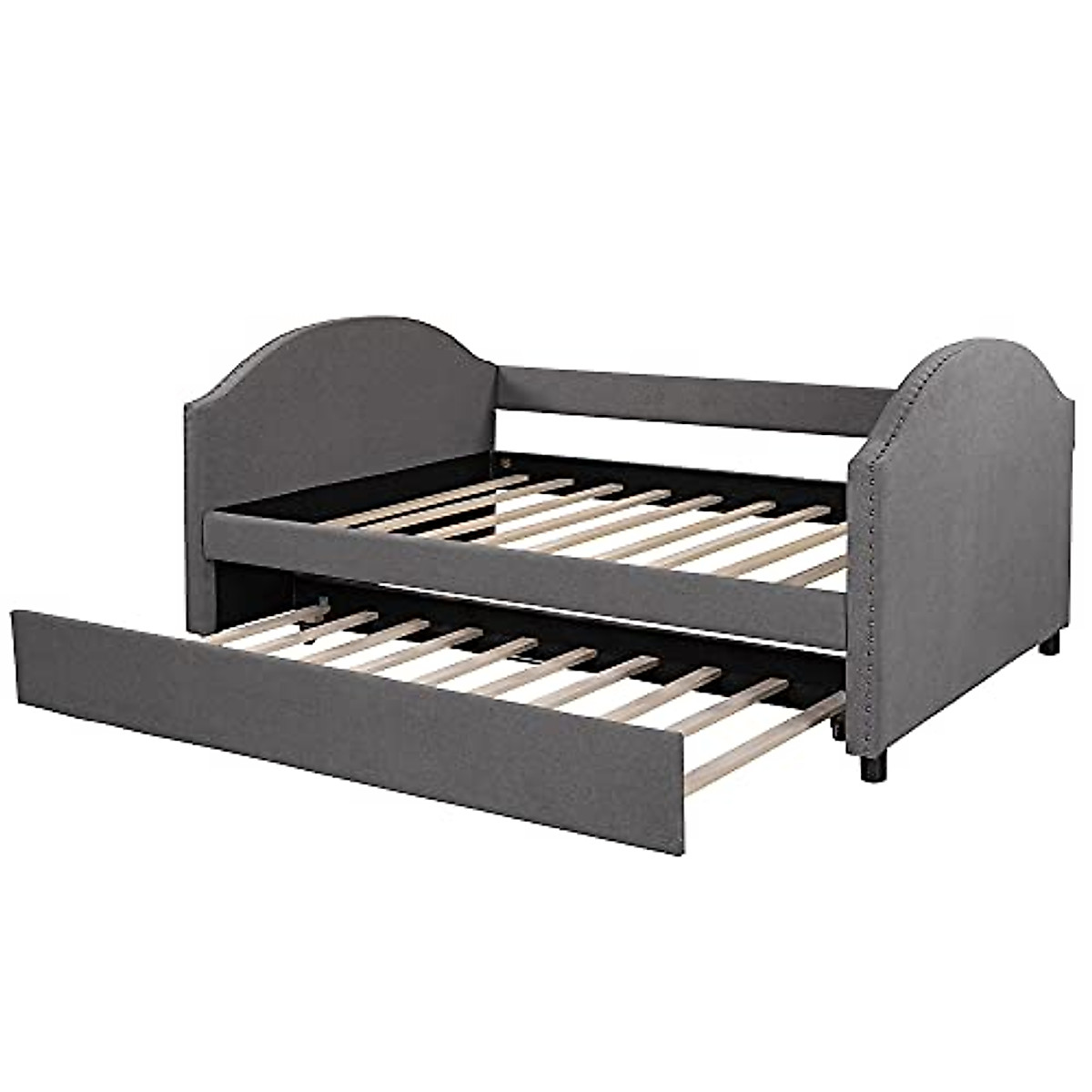 HSBD Full Size Daybed with Trundle, Modern Upholstered Day Bed Linen Fabric Sofa Daybed Frame with A Roll-Out Trundle, No Box Spring Needed, Furniture for Bedroom Living Room Guest Room