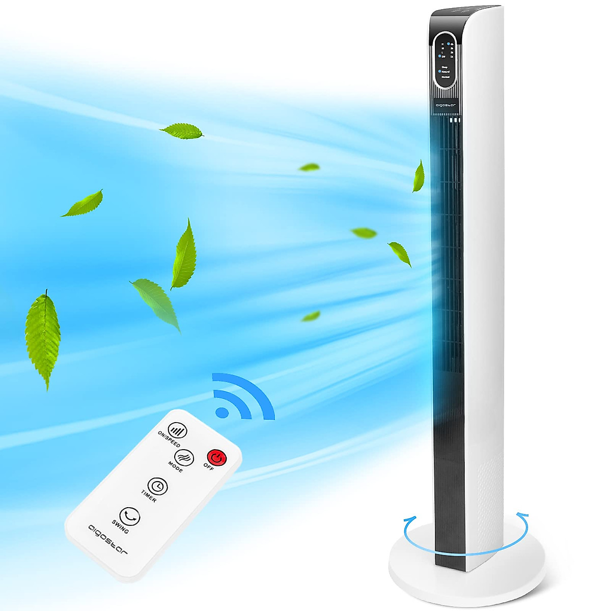 Aigostar Tower Fan, 42inch Oscillating Cooling Fan with Remote, Quiet Bladeless Floor Fan, 3 Speeds, 3 Modes, 10H Timer, LED Display with Touch Control, White Standing Fan for Bedroom Home Office