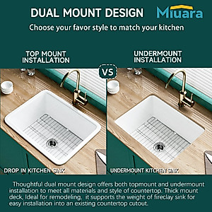 Miuara White Undermount Kitchen Sink 24 Inch - Small Topmount Wet Bar Sink Drop In 24"x19"x11", Dual Mount, Single Bowl, Fireclay Solid, with 2 Custom Accessories, White, for Kitchen & Laundry