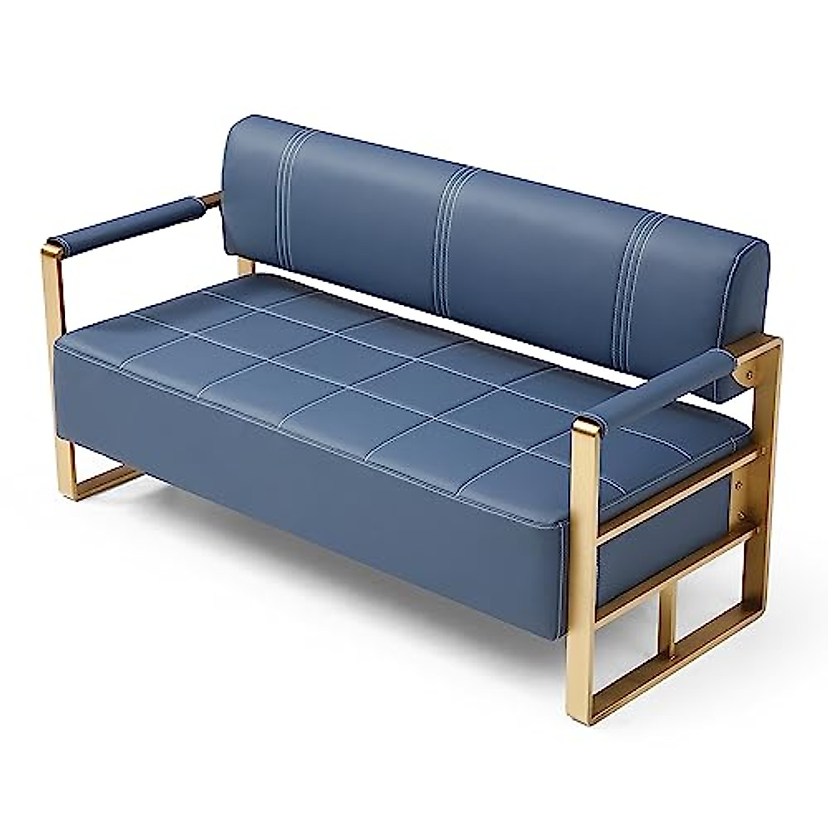 BIAYE Set 57.9" Width Modern Upholstery Faux Bonded Leather Loveseat Living Room Accent Love Seats for Small Spaces 2 Seater Couch Sofa Studio Furniture with Golden Metal Arms,Blue