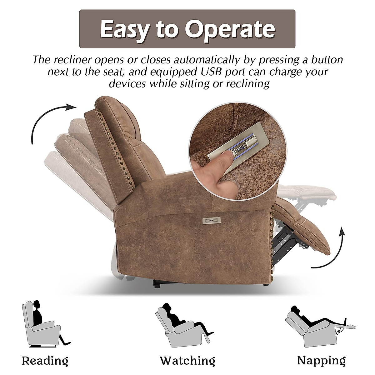 INZOY Electric Power Recliner with Breathable Leather, Classic Electric Reclining Recliner Chair with USB Port, Upholstered Single Sofa Recliner for Living Room Bedroom Home Theater, Brown