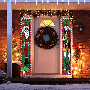 Jack Skellington Sally Christmas Porch Signs with 2 Light Strings Welcome Door Sign for Home Outdoor Indoor Holiday Party Decor
