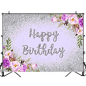 Avezano Purple and Silver Birthday Backdrop Purple Flower Sliver Bokeh Dots Birthday Party Background Adults Women Men 30th 40th 50th 60th 70th Birthday Party Banner Backdrops (7x5, Purple)