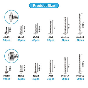 Toolly 400PCS #8 x 1/2" to 1-1/2" Self Drilling TEK Screws Assortment Kit, Hex Washer Head & Wafer Head, 410 Stainless Steel Self Tapping Sheet Metal Screws for Metal, Wood, Plastics