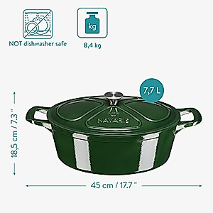 Navaris Enameled Dutch Oven - 8.1 QT Cast Iron Pot with Lid - Oval Non-Stick Large Covered Enamel Cookware - Safe for Induction Stove Top - Dark Green