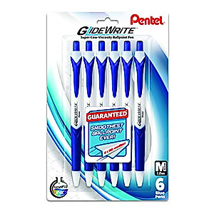 Pentel GlideWrite Ballpoint Pen with TechniFlo Ink, (1.0mm) Medium Line, Blue Ink, 6-Pk