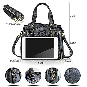 Purse and Handbags for Women Leather Shoulder Hand Bags Tote Handle Medium Satchel Vintage Embossing Rose (Black)