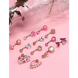 Vsnnsns 14G Belly Button Rings Belly Rings for Women Stainless Steel CZ Opal Belly Piercing Jewelry Surgical Steel Butterfly Belly Button Rings Curved Navel Ring Body Jewelry Piercing Rose Gold