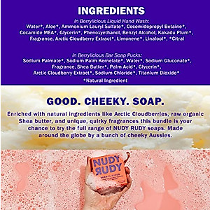 Nudy Rudy - Berrylicious - Liquid Hand Wash + 2 Bar Soap Bundle - Organic Shea Butter - Cloudberries - Non-Greasy - Hand Soap - Body Wash - Skin Care - Men & Women - 16.9 fl oz & 4.2 oz - 3 Pack