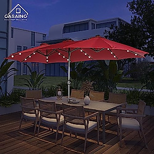 CASAINC 15 FT Solar LED Patio Umbrella with Base Double-Sided Extra Large Outdoor Umbrella Market Rectangular Twin Umbrella w/Crank for Garden Deck Lawn Pool Backyard-Burgundy (with Lights)