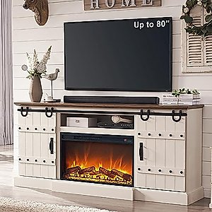 OKD 70'' Fireplace TV Stand for 75+ 80 Inch TV, Farmhouse Highboy Entertainment Center with 30" Electric Fireplace &Sliding Barn Doors, Rustic Tall Media Console Cabinet for Living Room, Antique White