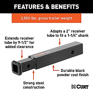 CURT 45775 Trailer Hitch Receiver Adapter Reducer, 2 to 1-1/4-Inch, 9-1/2-In Extension, 3,500 lbs