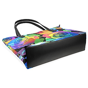 MNSRUU Tote Bag for Women Multicolored Roses On Black Background Tote Bag Purses and Handbags Shoulder Bag Big Capacity PU Leather Handbag Womens Tote Bags for Work