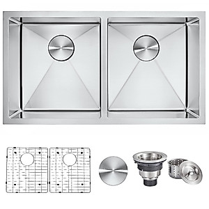 CITYLE 32 Inch Undermount Kitchen Sink, Stainless Steel Sink Handmade 50/50 Double Basin with Bottom Grid and Basket Strainer Drain for Bar Prep Kitchen(32'' x 18'' x 9'')