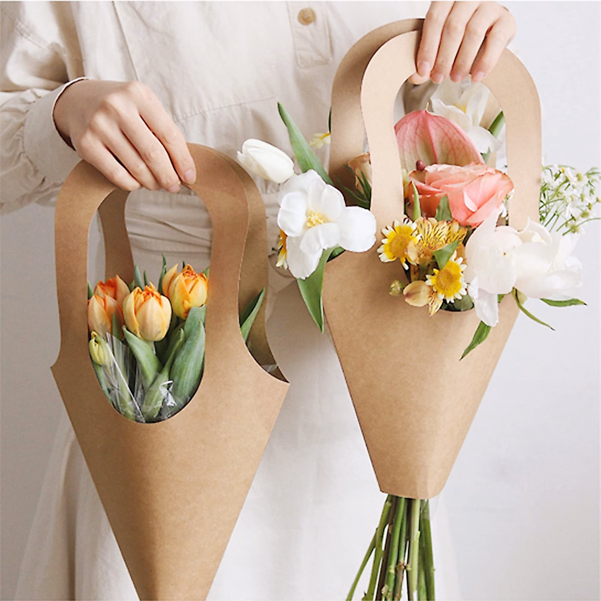 LONG XIN SERIES 20pcs Kraft Paper Flowers Gift Bags Bouquets Bags with Handle Flowers Wrapping Gift Home Decoration（20pcs, Size: Small