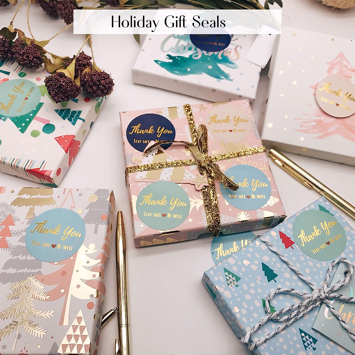 Mobiusea Party Thank You Stickers Roll | Stay Safe and Be Well | 1.5 inch | Waterproof | 500 Labels for Small Business, Packaging, Mailer Seal Stickers |4 Pastel Colors with Gold Foil Designs