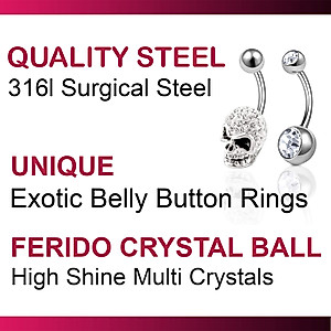 bodyjewellery 2 pcs 14g 3/8 Inch 10mm Skull Crystal Belly Button Bar Ring Implant Grade Surgical Steel Navel Barbell Piercing (Clear)