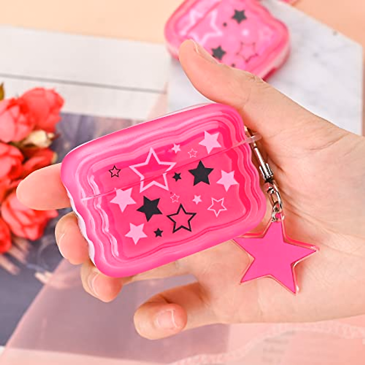 Mainrenka Cute Kawaii AirPod Pro Case Pink Stars Aesthetic Design with Keychain for Girls and Women