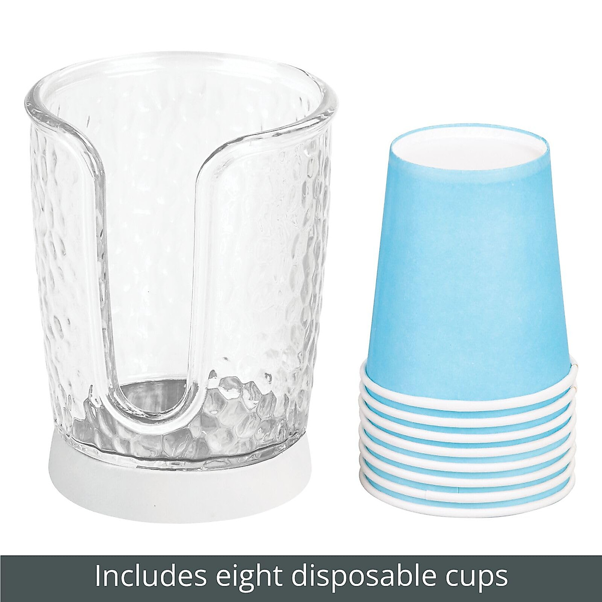 mDesign Plastic/Steel Compact Small Disposable Paper Cup Dispenser Storage Holder for Rinsing Cups on Bathroom Vanity Countertops - Rain Collection - Clear/White